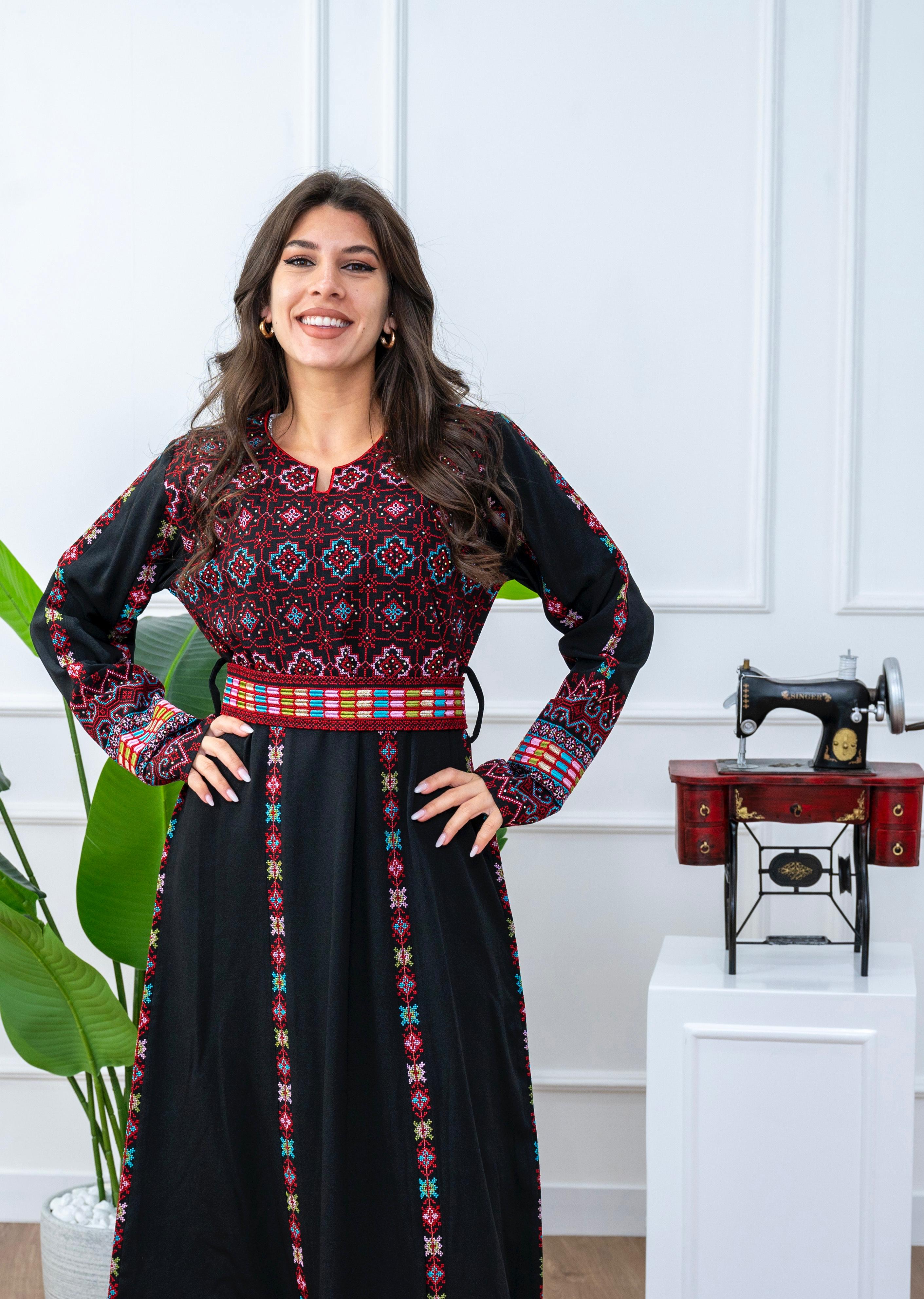 Palestinian Traditional Embroidered Jalabiya – Colorful Belt Detail ...